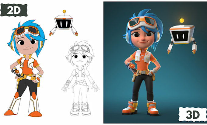 2d design to 3d cute character modeling, character for game, animation ...
