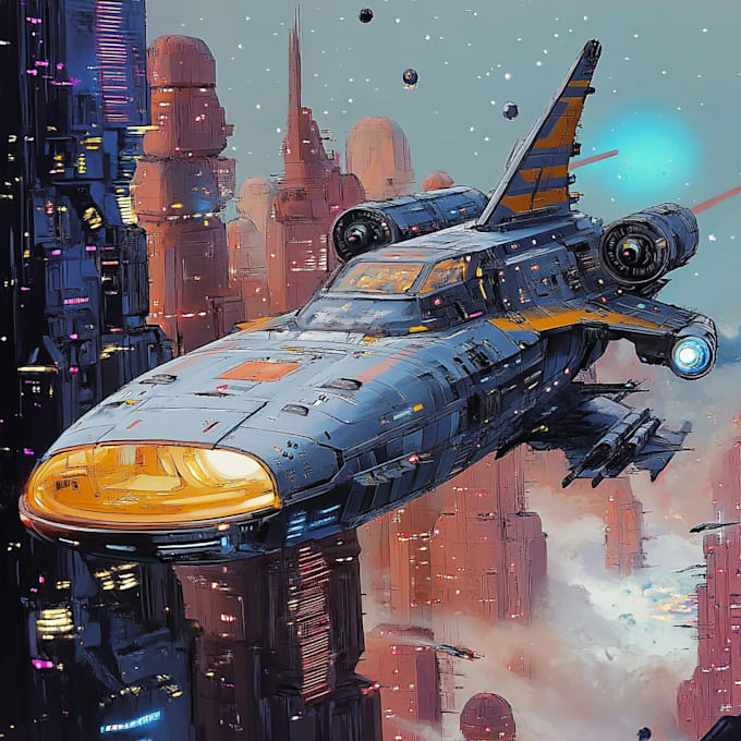 Create a illustrate futuristic sci fi spaceship concept art by Namansat ...