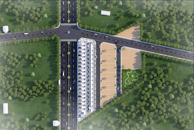 Render 3d township bird eye view landscape resort rendering, castle ...