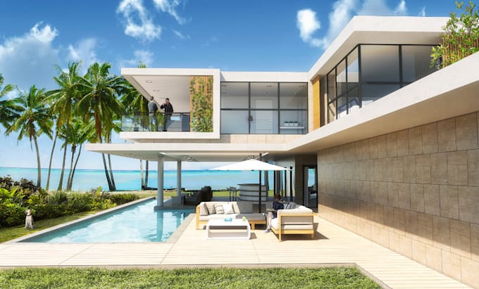 Rebuild 3d modern beach villa, coast house,pool lounge,interior model ...