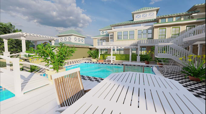 Refurbish 3d villa exterior,rooftop terrace,beach house,pergola,cgi patio render by Malamolla ...
