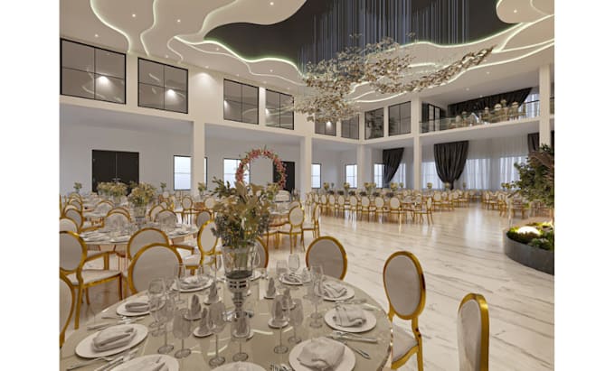 Cgi interior design, wedding venue, hall party, stage, walkthrough with ...
