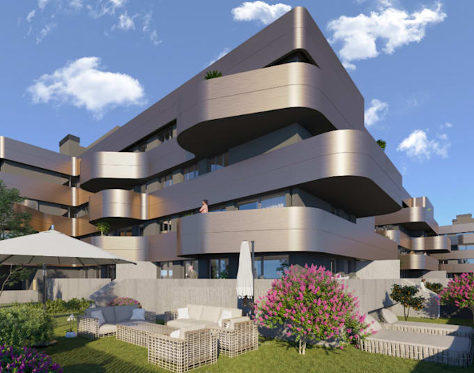 Redesign futuristic residential building, hotel rendering, terrace ...