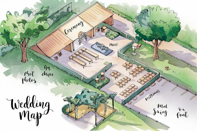 Make custom hand drawn wedding map with watercolors, event map by ...
