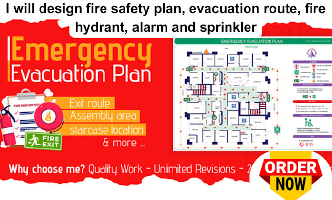 Design fire safety plan, evacuation route, fire hydrant, alarm and ...