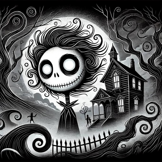 Do a unique illustration in a gothic style influenced by tim burton by ...