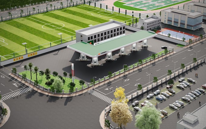 Upgrade 3d cgi fuel station, bus stands,commercial space, retail store ...