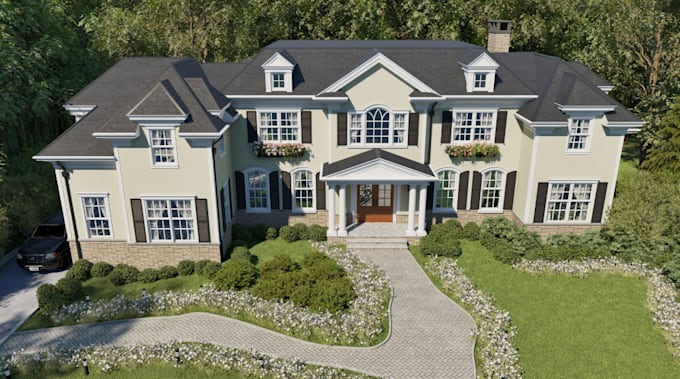 3d house render,garden environment visualization,gable house exterior ...