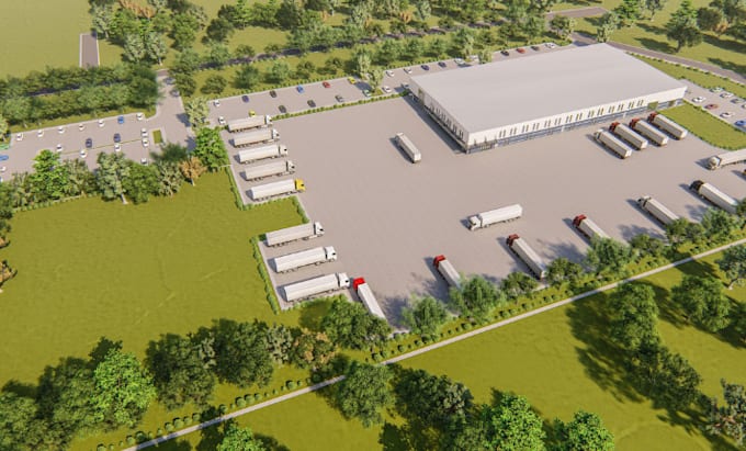 Create realistic 3d warehouse design, 3d factory, industrial building ...