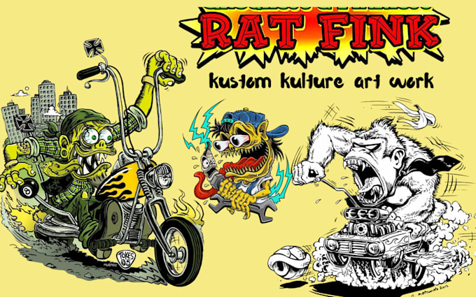 Draw illustration in rat fink style kustom kulture artwork, rat fink ...