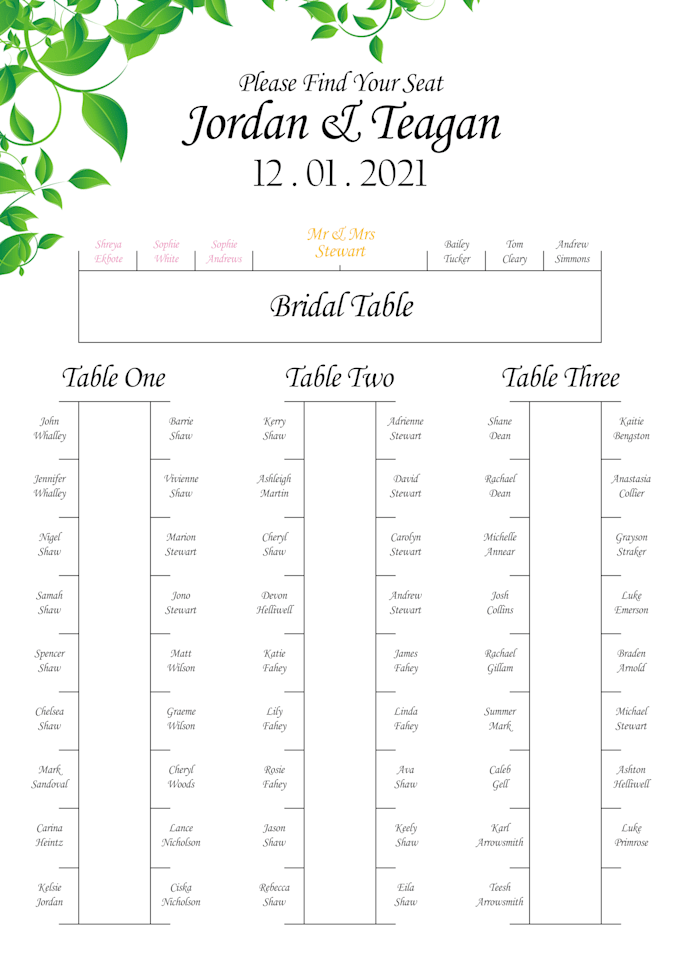 Design a personalised wedding reception seating plan by Jstewartnz | Fiverr