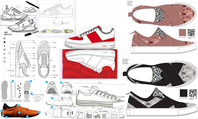 Make sneaker fashion tech pack shoe, bag flat sketches 3d sneaker ...