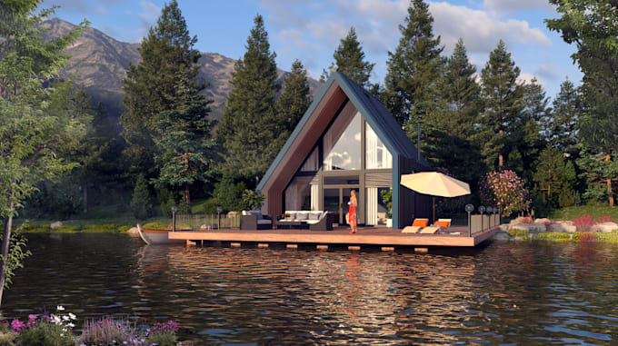 Model 3d house on water,realistic ship container interior,cozy bedroom ...