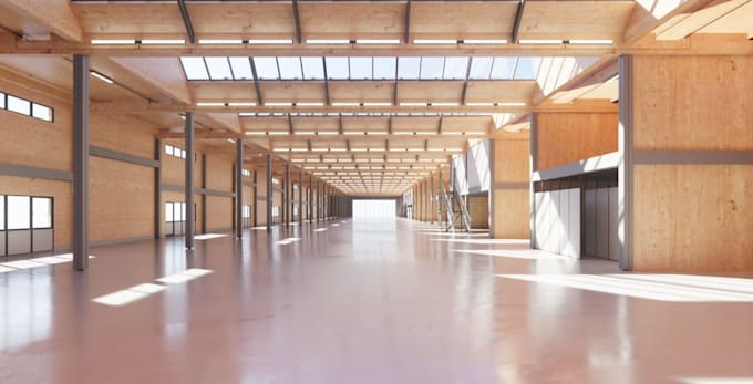 Render 3d cgi warehouse design, office, workshop, layout design factory ...