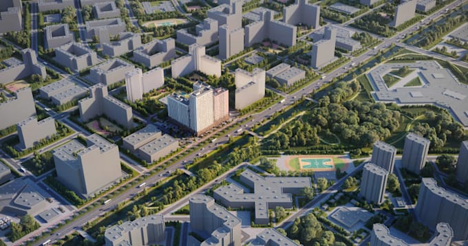 Create majestic 3d aerial birds eye view render, city map site ...