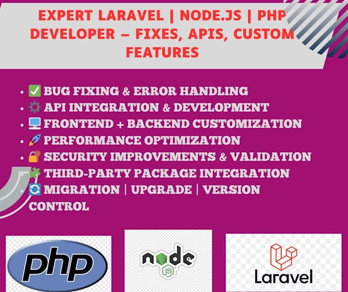 Fix bugs develop api ,and customize your laravel nodejs, php by Siraj ...
