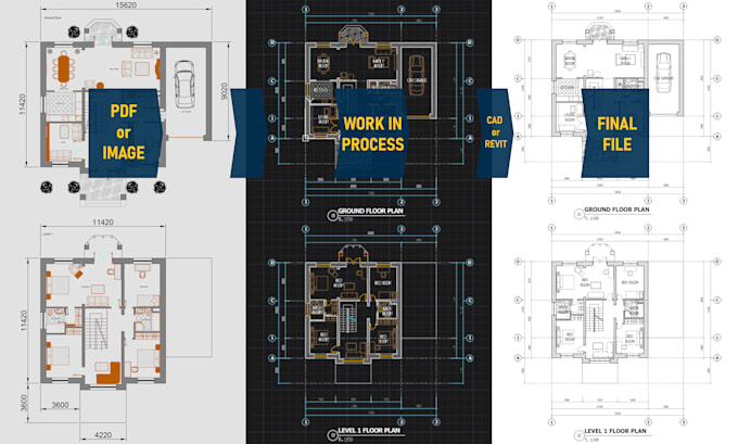 Convert architecture sketch drawing by autocad or revit software by Kan ...