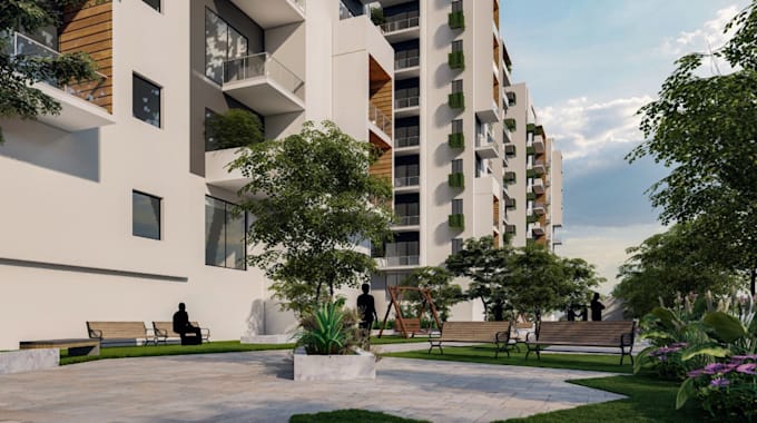 Modern apartment render,cityscape patio,tudor, layout plan,exterior outdoor, cgi by Hanikehy ...