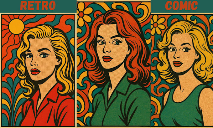 Create retro comic art vintage illustrations 70s pop art poster design ...
