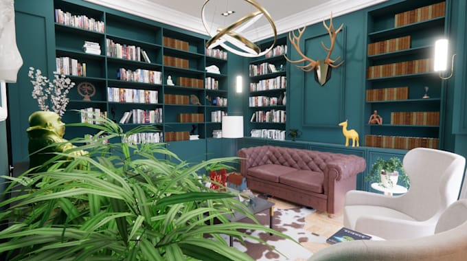 Home library,office interior,rendering,bookcase,lamp,shelf,houdini 3d ...