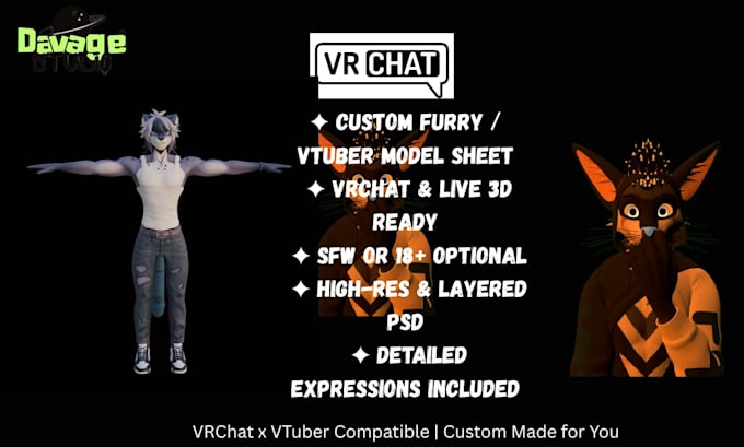 Design anime vtuber characters, vrchat avatars and furry anthro reference sheet by Daveviz | Fiverr