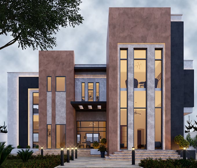 Optimize front elevation, door part design, modern villa,facade render ...