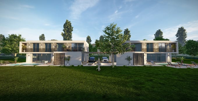 Optimize 3d modern villa,story house building, realistic render,cgi ...