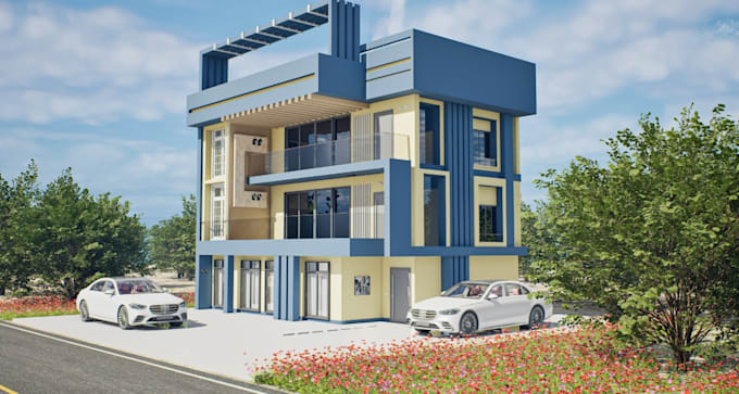 Design 3d house elevation,render front facade,modern structure,exterior ...