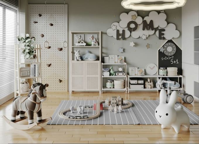 Design 3d cgi kids playroom, childern nursing,study interior,furniture ...