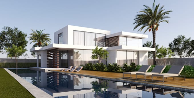 Redesign luxury villa exterior design, render outdoor patio, landscape ...