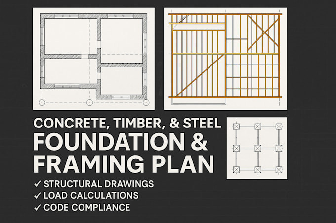 Design concrete, timber, and steel structure foundation and framing plan