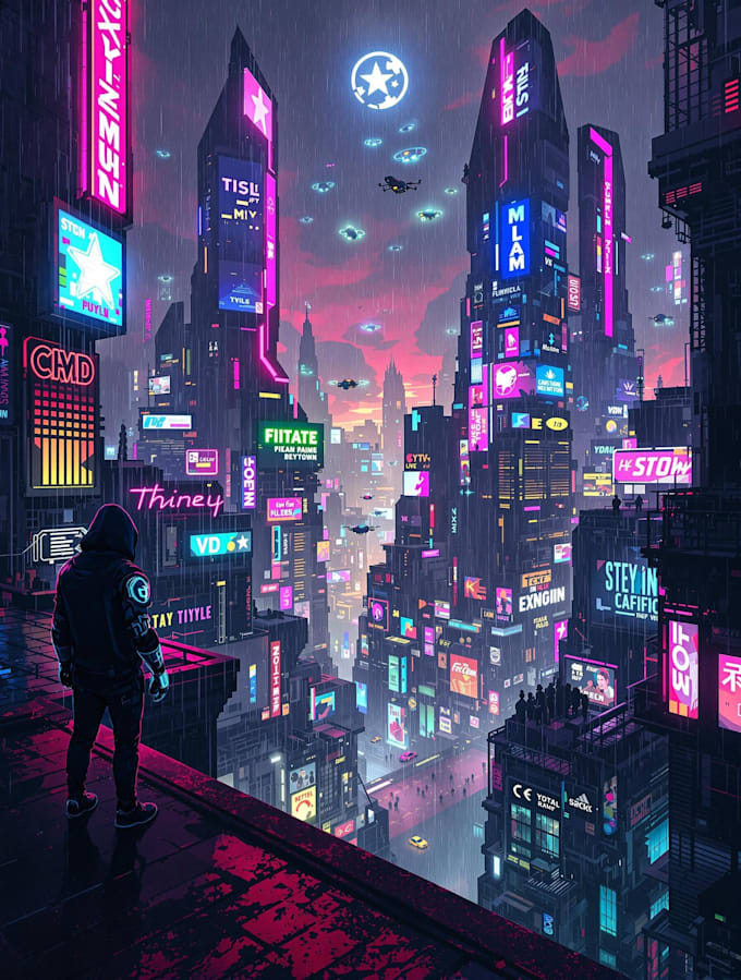 Draw modern night futuristic city skyline, sci fi, cyberpunk city art ...