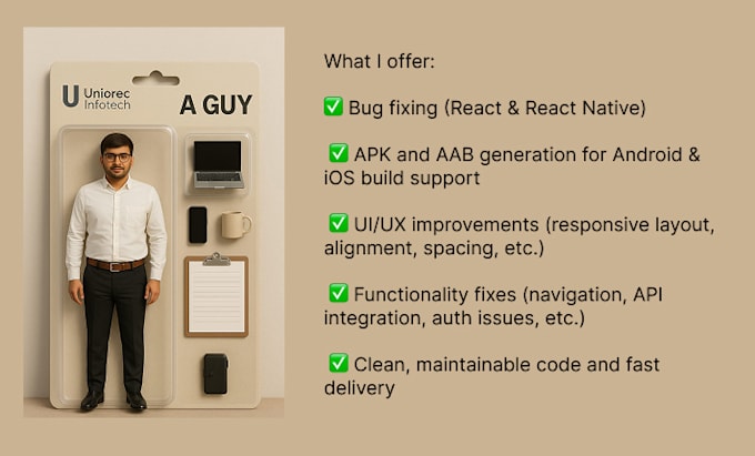Help to fix bugs in react react native and expo projects by Uniorecinotech | Fiverr