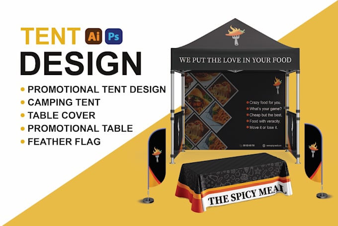 Design canopy tent, table cover and feather flag by Gaitrygraphic01 | Fiverr