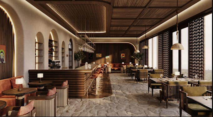 Modern 3d element restaurant decor, interior basement render cafe, bar ...