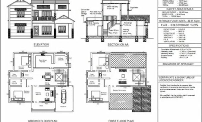 Draw architectural floor plan, elevations, sections, roof, site plan in autocad by Garcia_servin ...