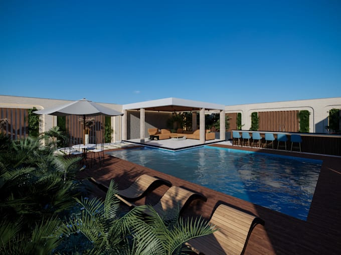 Render landscape, high detail environment, rooftop facade,balcony ...