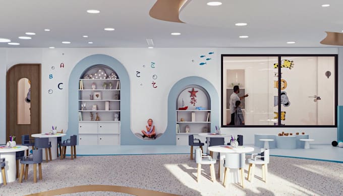 Do cgi 3d interior kids nursery room, 3d classroom, office, library ...