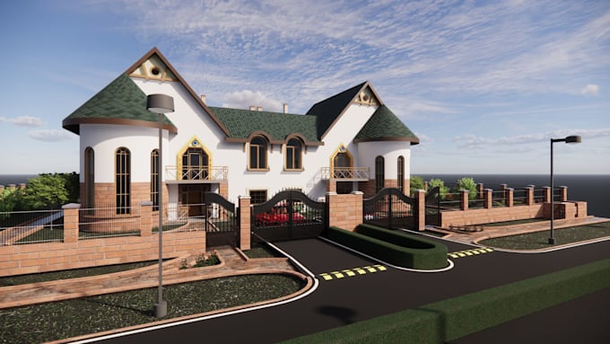 Realistic exterior design, outdoor terrace, car park, landscape, patios ...