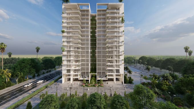 Model hotel high rise, city space, exterior facade, real estate build ...