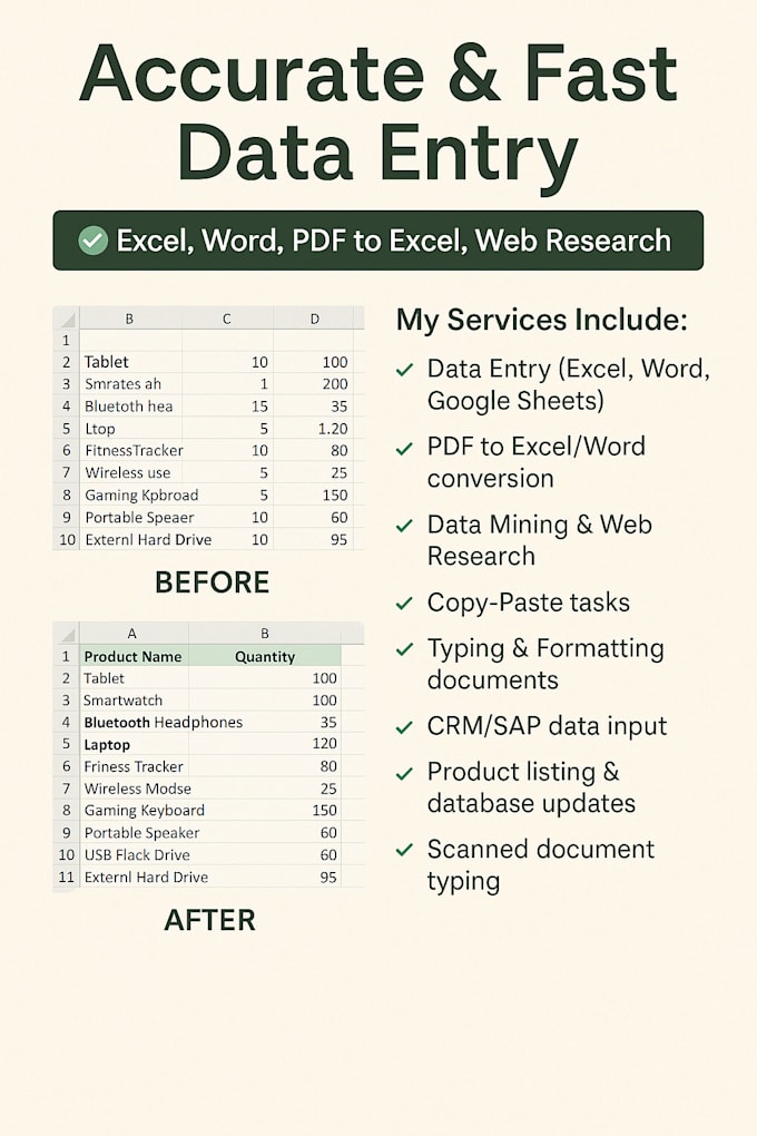 Do fast and accurate data entry, excel, word, pdf by Tisha011024 | Fiverr