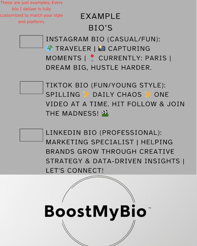 Write a catchy instagram bio for your profile by Boostmybio | Fiverr