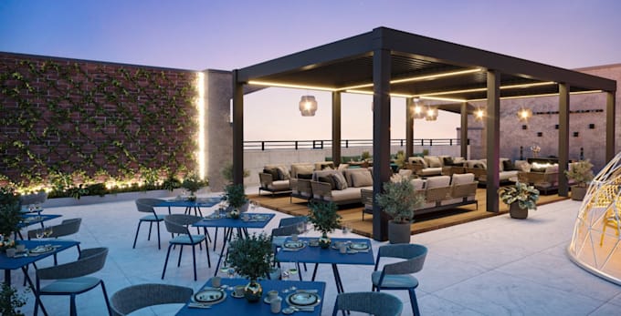House rooftop exterior, night club render, cgi images, vip table,cafe ...