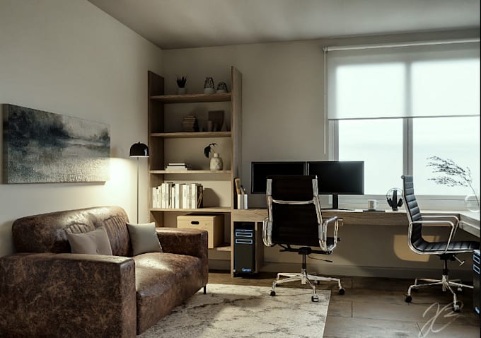3d home office, gaming room, interior design, furniture placement in ...