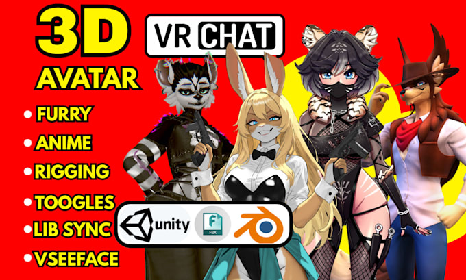 Create 2d 3d furry nsfw vrchat avatar, vrc model vseeface and unity vr character