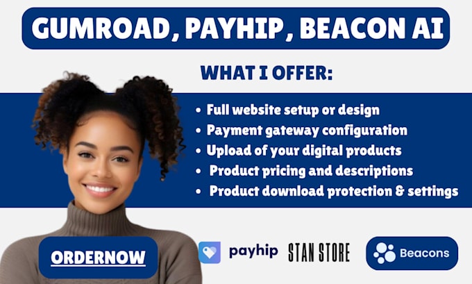 Build gumroad beacon ai payhip website stan store design digital product upload by Sales ...