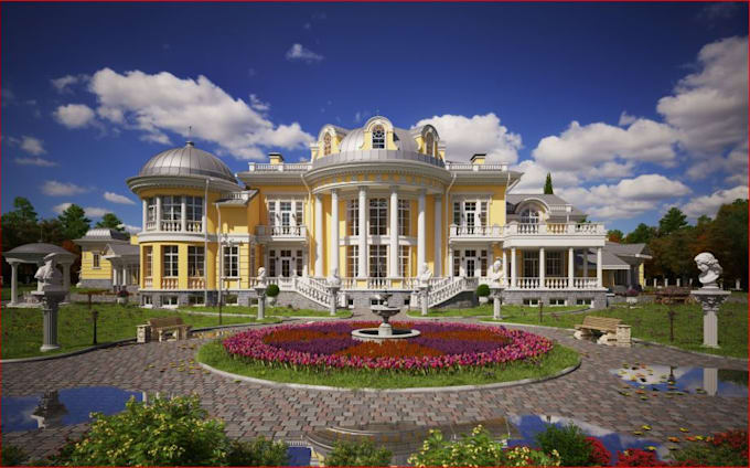 Model cgi house exterior, garden landscape,mansion front view,garage ...