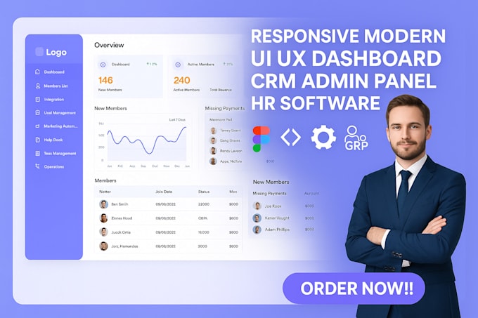 Do responsive modern ui ux dashboard crm admin pannel grp hr software ...