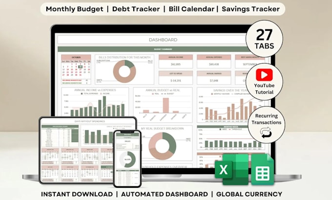 Automated budget planner, bill tracker spreadsheet, automated excel spreadsheet by ...