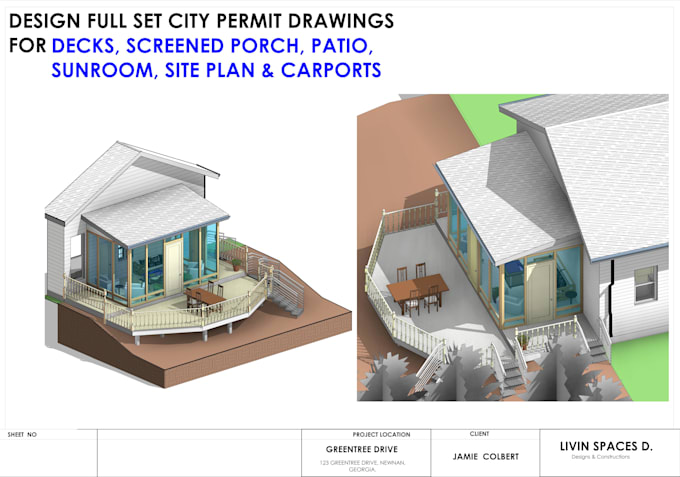 Draw full city permit drawings for sunroom, shed, screened porch, deck ...